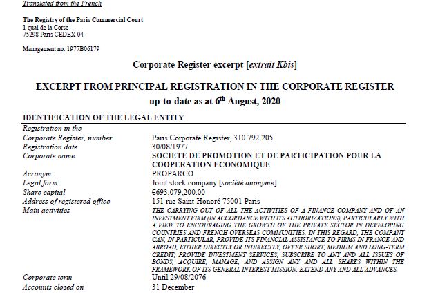 Proparco Corporate Register excerpt [extrait Kbis] | Proparco - Groupe ...